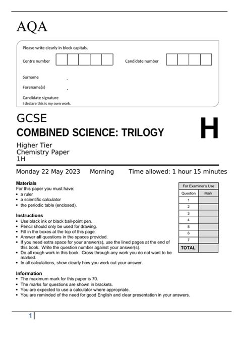 Aqa Gcse Combined Science Trilogy Higher Tier Chemistry Paper 1h June 2023 Combined Science