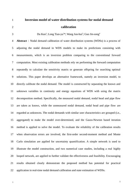 Pdf Inversion Model Of Water Distribution Systems For Nodal Demand Calibration