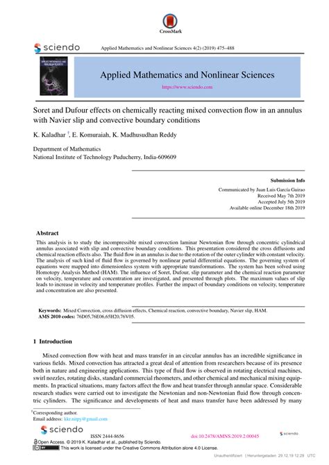 Pdf Soret And Dufour Effects On Chemically Reacting Mixed Convection