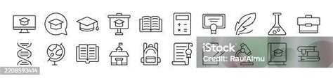 서류 가방 현미경 앱 웹 사이트 배너 인포 그래픽 및 기타 유형의 디자인을위한 얇은 선으로 그려진 책의 개요 기호 모음 공부에 대한 스톡 벡터 아트 및 기타 이미지 Istock