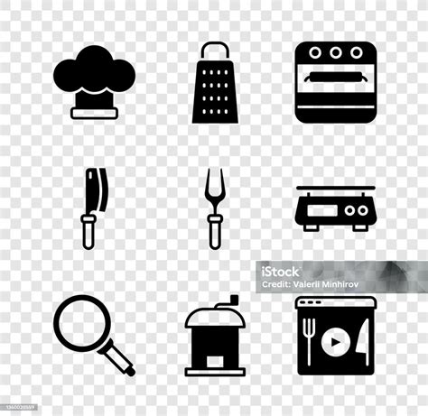 세트 셰프 모자 강판 오븐 프라이팬 수동 커피 분쇄기 요리 라이브 스트리밍 고기 헬기와 바베큐 포크 아이콘 벡터 Live Event에 대한 스톡 벡터 아트 및 기타 이미지