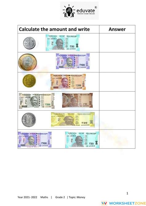 counting currency worksheets