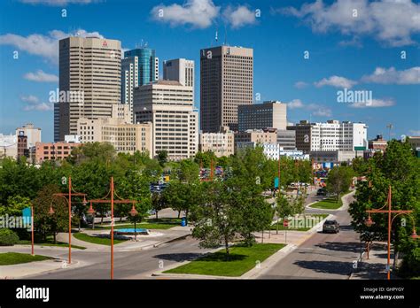 The city skyline from The Forks at Winnipeg, Manitoba, Canada Stock ...