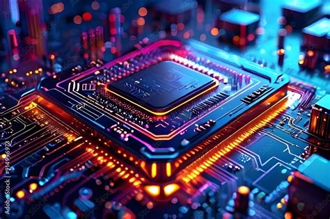 isometric illustration of a processor chip microcircuits highlighted