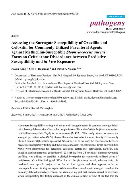 Pdf Assessing The Surrogate Susceptibility Of Oxacillin And Cefoxitin For Commonly Utilized