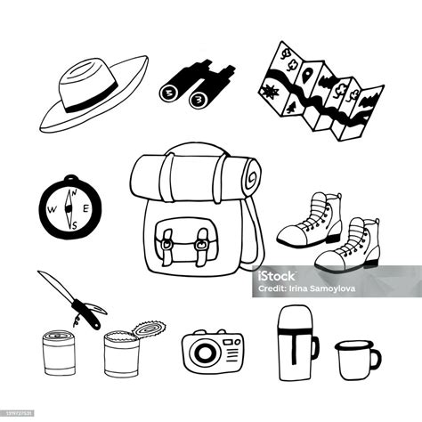 캠프 세트 아이콘입니다 손으로 그린 낙서 벡터 스칸디나비아 북유럽 미니멀리즘 흑백 하이킹 지도 쌍안경 통조림 음식 배낭 개체 그룹에 대한 스톡 벡터 아트 및 기타 이미지