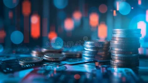 Stacks Of Coins With A Backdrop Of Glowing Blue Digital Graphs And Circuitry Symbolizing The