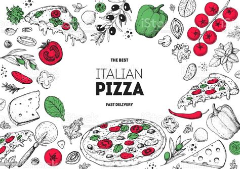 이탈리아 피자와 재료 이탈리아 음식 메뉴 디자인 템플릿 피자 메뉴 디자인 템플릿 빈티지 손으로 그린 스케치 벡터 일러스트 새겨진 이미지입니다 피자에 대한 스톡 벡터 아트 및