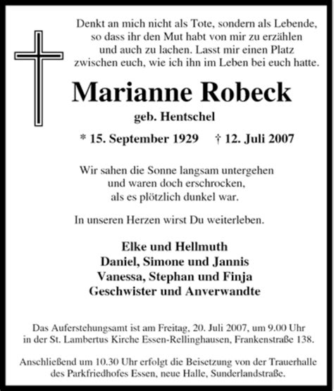 Traueranzeigen Von Marianne Robeck Trauer In Nrw De