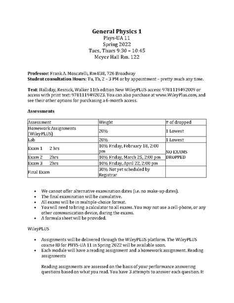Syllabus For Phys General Physics 1 Phys Ua 11 Spring 2022 Tues Thurs 9 30 10 Meyer Hall