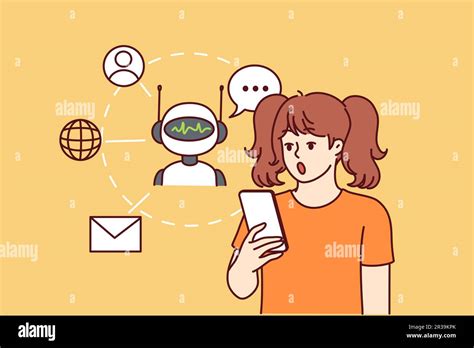 Teen Girl With Phone Uses Chatbot Or Robotic App With Artificial Intelligence And Opens Mouth In