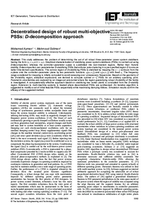 Pdf Decentralised Design Of Robust Multi‐objective Psss D ‐decomposition Approach