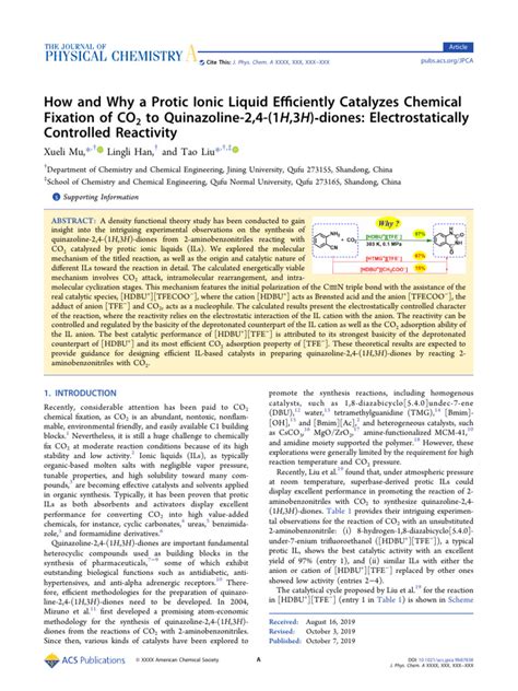 How And Why A Protic Ionic Liquid Efficiently Catalyzes Chemical Fixation Of Co2 To Quinazoline