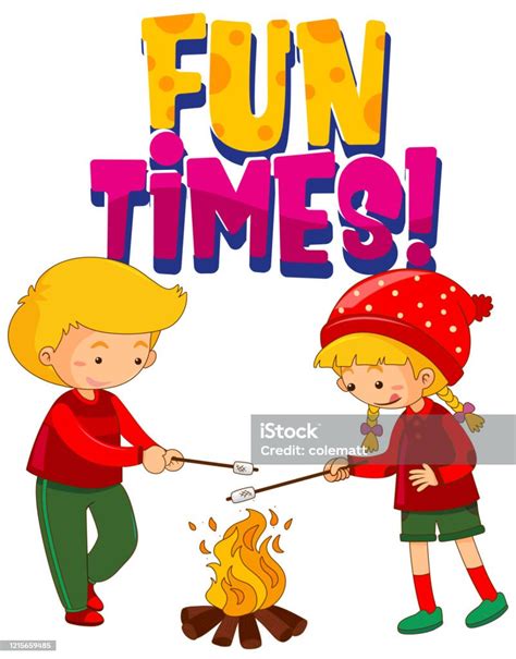 흰색 배경에 캠프 파이어에서 두 아이와 단어 재미 시간을위한 글꼴 디자인 겨울에 대한 스톡 벡터 아트 및 기타 이미지 겨울 계절 기후 묘사 Istock