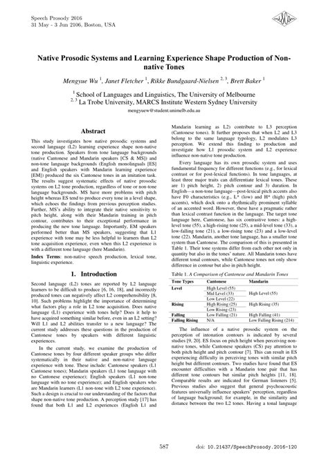 Pdf Native Prosodic Systems And Learning Experience Shape Production Of Non Native Tones