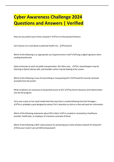 Cyber Awareness Challenge 2024 Questions And Answers Verified Cyber Awareness Stuvia Us