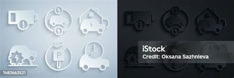 집에서 주차 전기 자동차 충전 전기 서비스 및 배터리 부족 아이콘을 설정합니다 벡터 0명에 대한 스톡 벡터 아트 및 기타 이미지