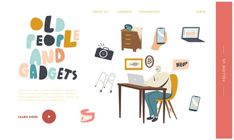 노인 학습 및 새로운 기술 랜딩 페이지 템플릿을 사용하여 노트북책상에 앉아 있는 수석 남성 캐릭터 개념에 대한 스톡 벡터 아트 및 기타 이미지 Istock
