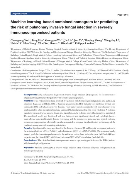 Pdf Machine Learning Based Combined Nomogram For Predicting The Risk Of Pulmonary Invasive