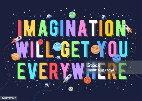 동기 부여 포스터 상상력은 어디서나 당신을 얻을 것이다 어린이 벡터 일러스트 우주 아이들을위한 동기 부여 디자인 일러스트 레이션 다채로운 동기 부여 따옴표 인쇄 할 준비가