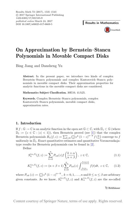 On Approximation By Bernstein Stancu Polynomials In Movable Compact Disks Request Pdf