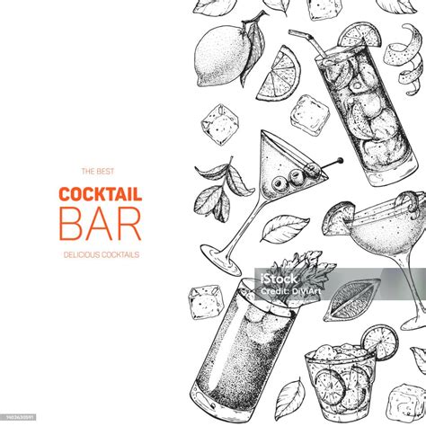 손으로 그린 칵테일 벡터 일러스트레이션 알콜 칵테일 스케치 세트 새겨진 스타일 바에 대한 디자인 템플릿 피 묻은 메리 마른 마르티니 카이피로스카 사이드카 긴 섬 아이스 티