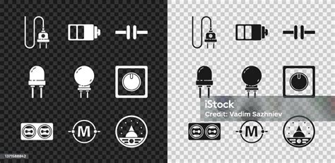 설정 전기 플러그 배터리 충전 수준 표시기 회로 구성표 전기 콘센트 암페어 미터 멀티 미터 볼트미터 발광 다이오드 및 아이콘 벡터 계기판 측정기에 대한 스톡 벡터 아트 및