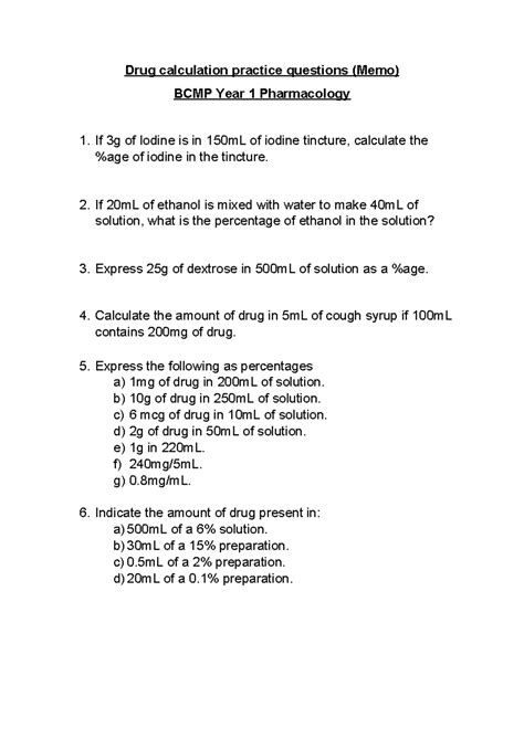 Drug Calculation Practice Questions With Answers Drug Calculation Practice Questions Memo