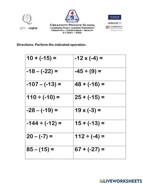 Operations On Integers Worksheet Live Worksheets Worksheets Library