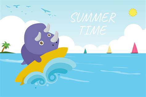 여름 시간 배너 템플릿과 바다에 서핑 보드와 귀여운 서퍼 공룡 캐릭터 문장 파도에 디노 서퍼 배경에 고립 된 포스터 파티 플랫 벡터 일러스트 레이션 고여 있는 물에 대한