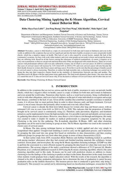 Pdf Data Clustering Mining Applying The K Means Algorithm Cervical Cancer Behavior Risk