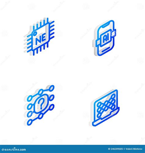 Set Isometric Line Artificial Intelligence AI Processor CPU Neural Network And Icon Vector