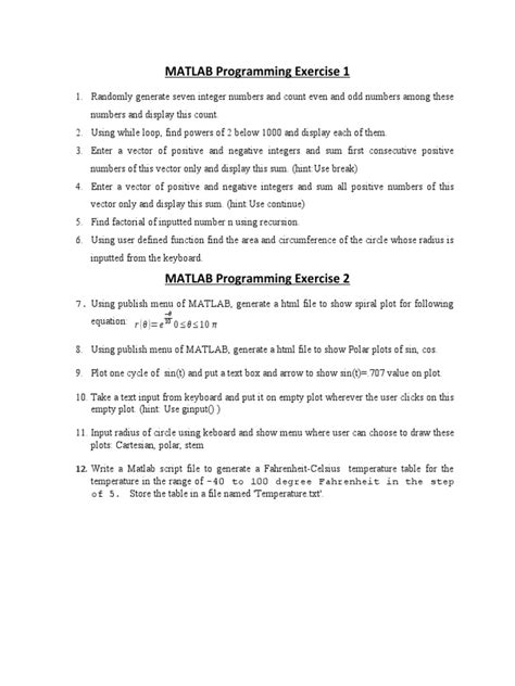 Matlab Programming Excercise 1 And 2 Pdf