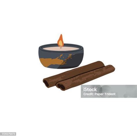 계피와 항아리에 아로마 촛불입니다 불꽃이 있는 향기로운 수제 왁스 미적 실내 장식 가정용 촛불 스파를 위한 유기농 장식 흰색 배경에 있는 평면 격리 벡터 그림 0명에 대한