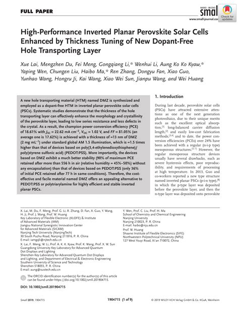 Pdf High‐performance Inverted Planar Perovskite Solar Cells Enhanced By Thickness Tuning Of