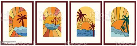 미니멀 선셋 포스터는 야자수로 바다를 장식합니다 빈티지 배경 설정 아침 일출 아이콘과 기호 포스터 엽서 로고에 적합합니다 벡터 그림 0명에 대한 스톡 벡터 아트 및 기타