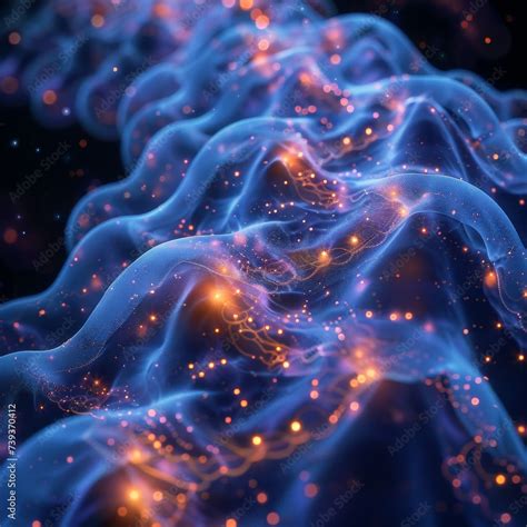 3d Microscopic View Of Silk Fibers Intertwined With Strands Of Bioluminescent Algae Glowing In A