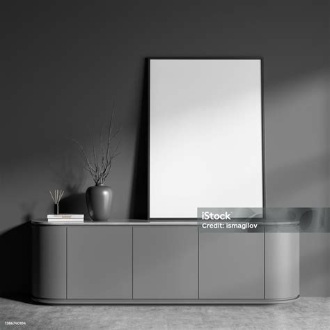 복사 공간 모형 벽 포스터 빌라 거실 디자인 인테리어 가구 어두운 벽 콘크리트 바닥의 회색 캐비닛에 서 있다 휴식의 개념 3d 렌더링 사이드보드에 대한 스톡 사진 및 기타