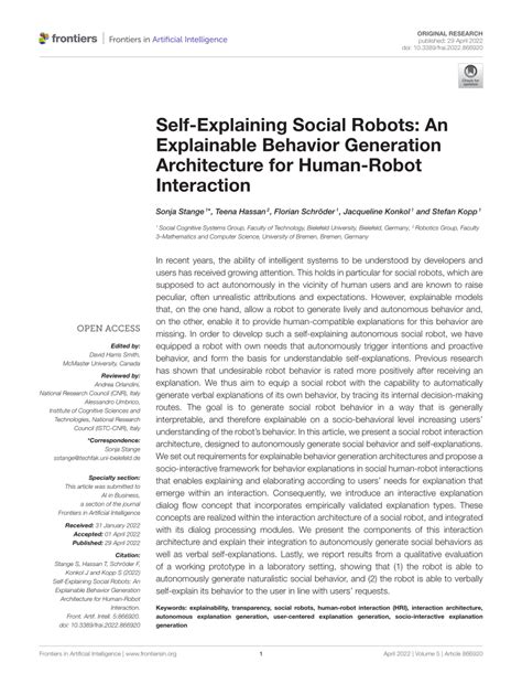 Pdf Self Explaining Social Robots An Explainable Behavior Generation Architecture For Human