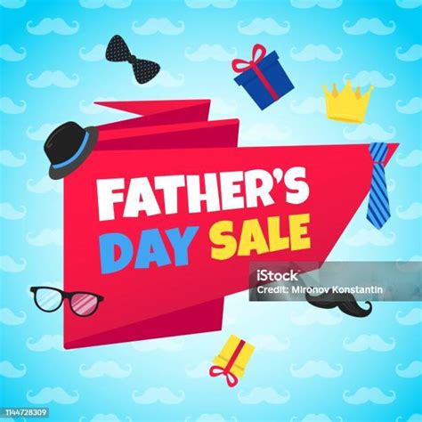아버지의 날 판매 개념 서식 파일 큰 리본 텍스트 타이포 그래피 선물 상자 모자 황금 왕관 콧수염 넥타이 Bowm 아이 안경 및 재미 있는 배경으로 평면 스타일 디자인 벡터