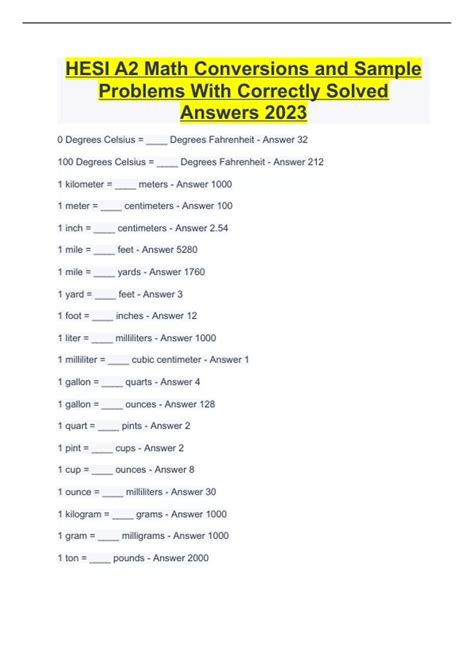hesi a2 math conversions and sample problems with correctly solved