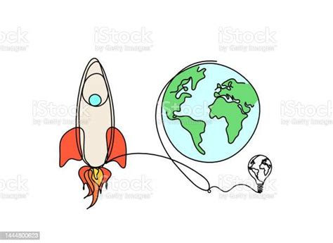 흰색 배경에 연속 선 그리기로 지구본 전구가 있는 추상 컬러 로켓 0명에 대한 스톡 벡터 아트 및 기타 이미지 0명 개념 과학 Istock