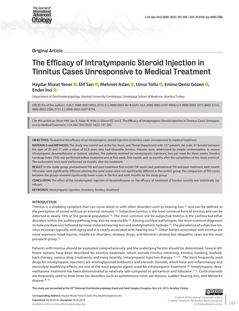 Pdf The Efficacy Of Intratympanic Steroid Injection In Tinnitus Cases