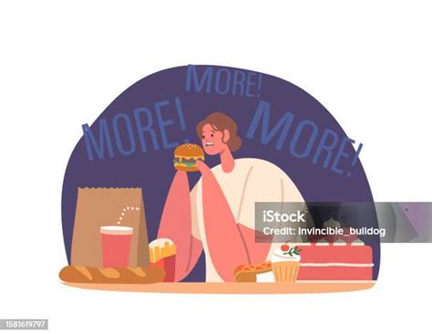 과도한 섭식 장애를 가진 배고픈 여성 캐릭터 짧은 시간에 많은 양의 음식을 섭취하는 여성 가냘픈에 대한 스톡 벡터 아트 및 기타 이미지 가냘픈 거식증 건강관리와 의술