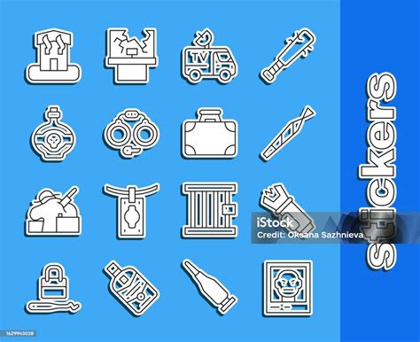 세트 라인 수배 포스터 경찰 전기 충격기 마리화나 조인트 Tv 뉴스 자동차 수갑 독병 방화 가정 및 서류 가방 돈 아이콘 벡터 가방에 대한 스톡 벡터 아트 및 기타 이미지