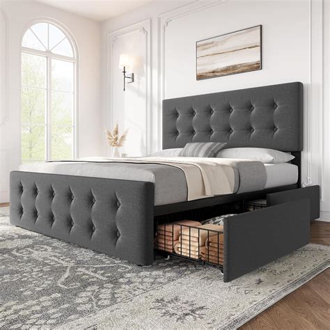 Idealhouse Queen Size Bed Frame With 4 Storage Drawers And Headboard