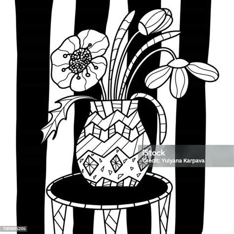 방에있는 테이블에 꽃병에 추상화 꽃 손으로 그린 낙서 벡터 라인 그림입니다 색칠 페이지 디자인 요소 개화에 대한 스톡 벡터 아트 및 기타 이미지 Istock