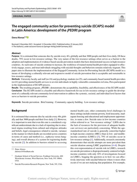 The Engaged Community Action For Preventing Suicide Ecaps Model In Latin America Development