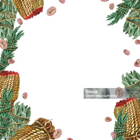 점술 요소로 만든 정사각형 프레임 훈증 용 허브 양초 룬 문자가있는 돌 모든 요소는 흰색 배경에 수채화로 손으로 그려져 있습니다 인쇄 용지 초대장용 개념에 대한 스톡 벡터