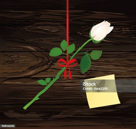 장미 꽃 리본 빨간색 리본에 매달려 있다 노란색 메모 종이의 시트입니다 Stickergreeting 카드 또는 휴가 대 한 초대입니다 텍스트 또는 광고에 대 한 빈